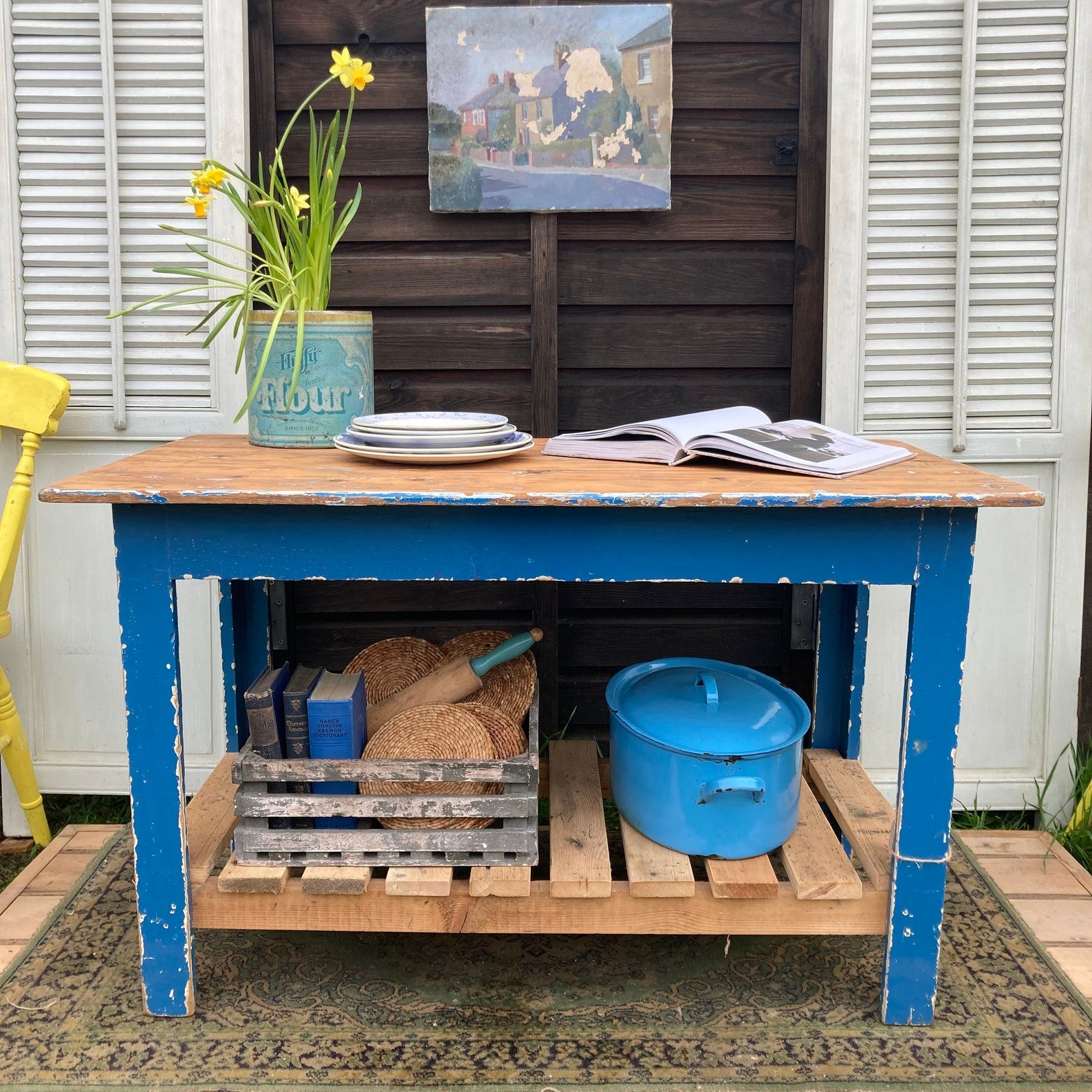 Vintage Chippy Paint Console Table – Blue Gloss with Shelf | UK ...